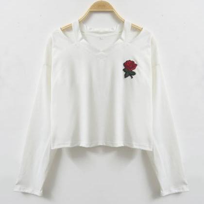 Rose Embroidered Cropped Long Sleeve Top Sweater In Black on Luulla