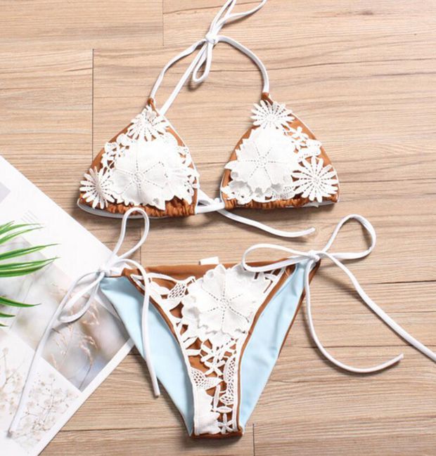 Sexy Beach Women Halter White Lace Flower Bottom Side Knoy Backless Two ...