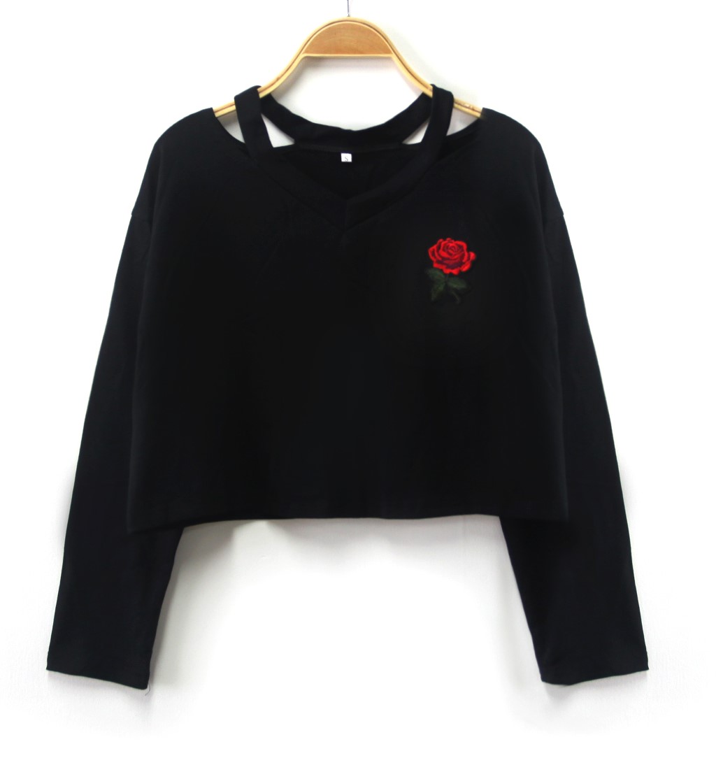 Rose Embroidered Cropped Long Sleeve Top Sweater In Black on Luulla