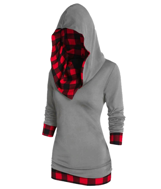 Plaid Long-sleeved Hooded Sweater on Luulla