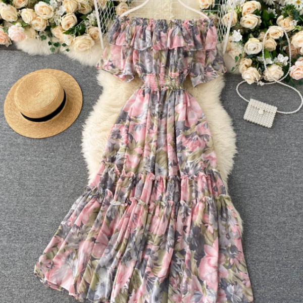 Sexy One-neck Off-shoulder Ruffled Chiffon Floral Dress on Luulla
