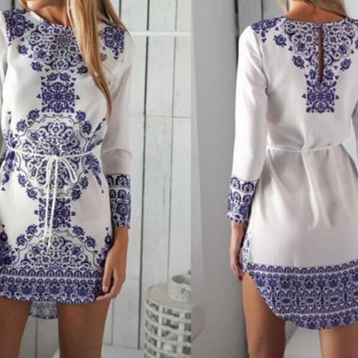 Retro Round Neck Long-sleeved Printed Dress We71708po on Luulla