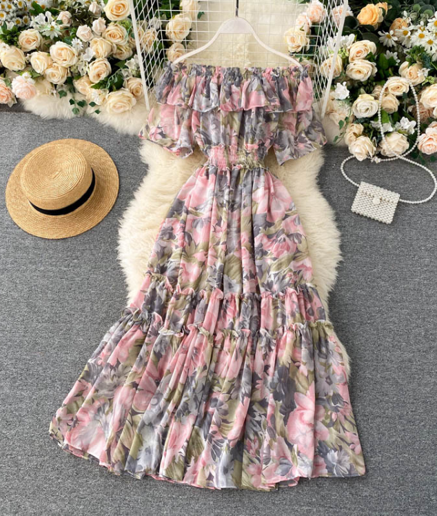 Sexy One Neck Off Shoulder Ruffled Chiffon Floral Dress On Luulla
