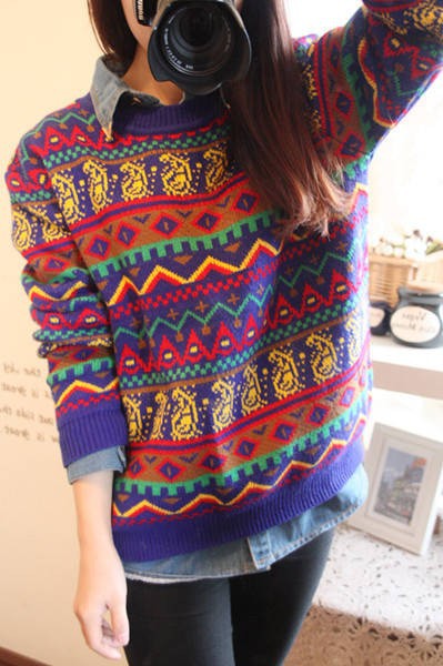 Colored Geometric Patterns Thick Sweater #wp091805yu on Luulla