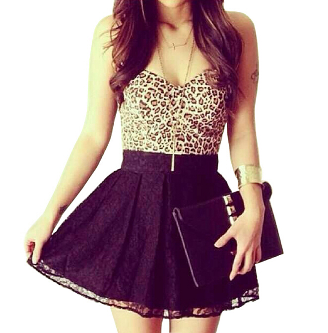 Leopard Stitching Print Black Lace Dress We53001op on Luulla